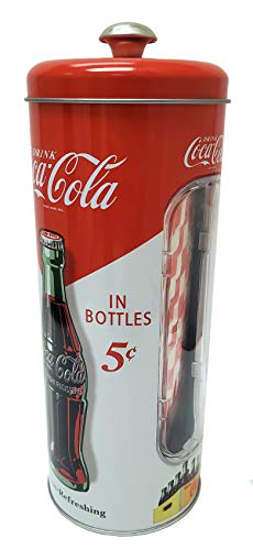 The Tin Box Company Coke Holder Tin with 20 Paper Straws Inside, 3-3/8 x 8-1/4"H, Red and White