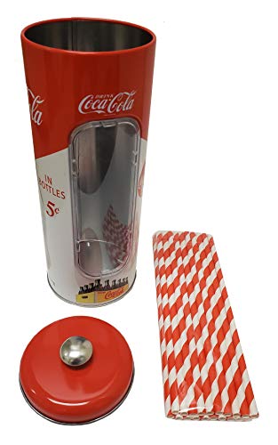 The Tin Box Company Coke Holder Tin with 20 Paper Straws Inside, 3-3/8 x 8-1/4"H, Red and White