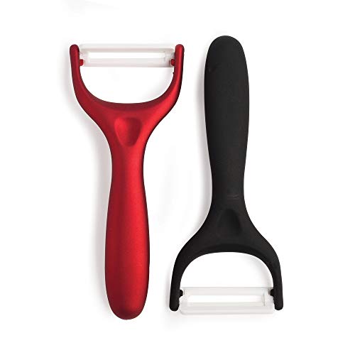 Cooking Light Ceramic Peeler Set with Ultra Sharp and Durable Blades, Ergonomic Handles Black and Red Kitchen Tools, 2 Piece, Black/Red