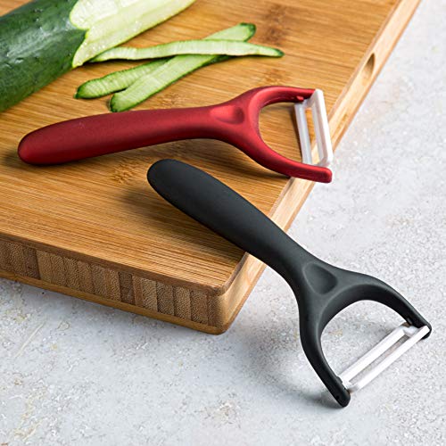 Cooking Light Ceramic Peeler Set with Ultra Sharp and Durable Blades, Ergonomic Handles Black and Red Kitchen Tools, 2 Piece, Black/Red