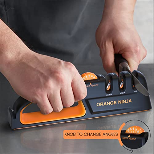 Orange Ninja Knife Sharpeners-5 Adjustable Sharpening Angle- Premium Quality Kitchen Knife Sharpener - Handheld Knife Sharpeners for Kitchen Knives & Pocket Knife Sharpener by Sharp Pebble