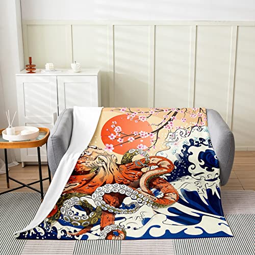 Japanese Ukiyoe Theme Flannel Fleece Throw Blanket,All Season Octopus Ocean Kraken Print Bed Blanket Japanese-Wave Floral Fuzzy Blanket for Bed Sofa Couch,Bedroom Decor Plush Blanket Throw 50"x60"