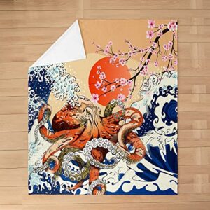 Japanese Ukiyoe Theme Flannel Fleece Throw Blanket,All Season Octopus Ocean Kraken Print Bed Blanket Japanese-Wave Floral Fuzzy Blanket for Bed Sofa Couch,Bedroom Decor Plush Blanket Throw 50"x60"