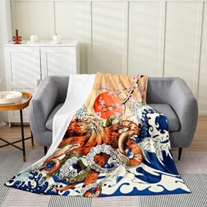 Japanese Ukiyoe Theme Flannel Fleece Throw Blanket,All Season Octopus Ocean Kraken Print Bed Blanket Japanese-Wave Floral Fuzzy Blanket for Bed Sofa Couch,Bedroom Decor Plush Blanket Throw 50"x60"