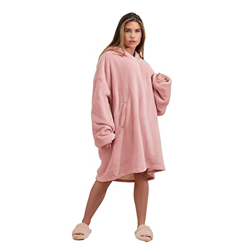 OHS Hoodie Blanket Giant Fleece Wearable Blanket Cosy Plush Coral Sherpa Oversized Jumper Ultra Soft Sweatshirt with Pockets, Blush Pink