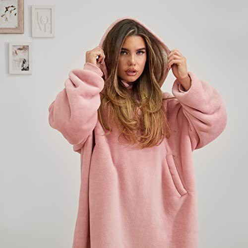 OHS Hoodie Blanket Giant Fleece Wearable Blanket Cosy Plush Coral Sherpa Oversized Jumper Ultra Soft Sweatshirt with Pockets, Blush Pink