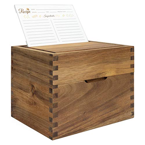 Recipe Box with Cards and Dividers 4x6 - Wooden Recipe card box set includes an acrylic recipe card holder, 50 premium recipe cards and 12 dividers - Large recipe box with 2 adjustable compartments