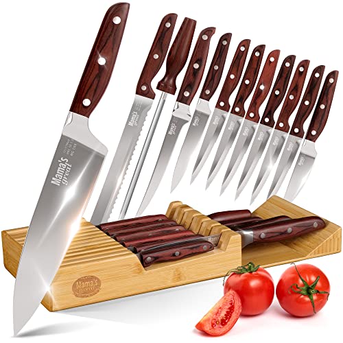 Mama's Great 12 Piece High Carbon Stainless Steel Kitchen Knife Set with Bamboo Drawer Organizer - Chef, Fillet, Bread, Utility, Paring, Steak Knives & Honing Rod