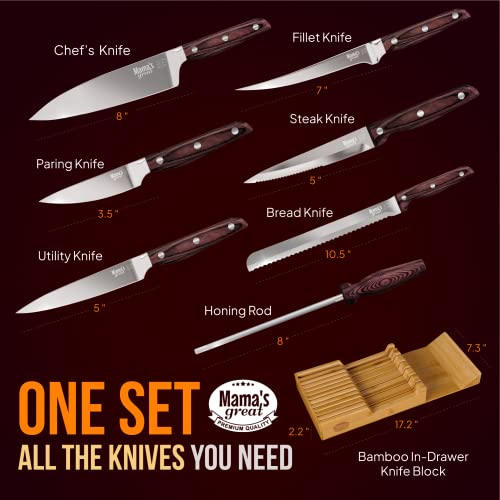 Mama's Great 12 Piece High Carbon Stainless Steel Kitchen Knife Set with Bamboo Drawer Organizer - Chef, Fillet, Bread, Utility, Paring, Steak Knives & Honing Rod