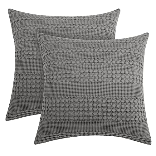 PHF 100% Cotton Waffle Weave Euro Shams 26" x 26", 2 Pack Elegant Home Decorative Euro Throw Pillow Covers for Bed Couch Sofa, Dark Grey/Charcoal Gray