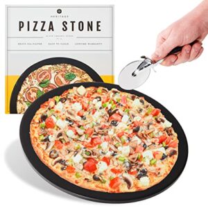 heritage pizza stone, 15 inch ceramic baking stones for oven use - non-stick, no stain pan & cutter set for gas, bbq & grill - kitchen accessories & housewarming gifts w/ bonus pizza wheel - black