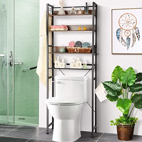 SEJOV 69" H Over-The-Toilet Storage, 4 Tiers Over The Toilet Bathroom Organizer, Wooden Freestanding Bathroom Shelf Over Toilet with Hooks and Special Metal Mesh Layer, Adjustable Feet, Rustic Brown