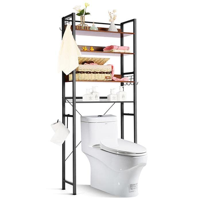 SEJOV 69" H Over-The-Toilet Storage, 4 Tiers Over The Toilet Bathroom Organizer, Wooden Freestanding Bathroom Shelf Over Toilet with Hooks and Special Metal Mesh Layer, Adjustable Feet, Rustic Brown