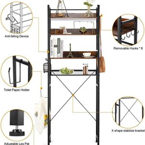 SEJOV 69" H Over-The-Toilet Storage, 4 Tiers Over The Toilet Bathroom Organizer, Wooden Freestanding Bathroom Shelf Over Toilet with Hooks and Special Metal Mesh Layer, Adjustable Feet, Rustic Brown