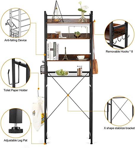 SEJOV 69" H Over-The-Toilet Storage, 4 Tiers Over The Toilet Bathroom Organizer, Wooden Freestanding Bathroom Shelf Over Toilet with Hooks and Special Metal Mesh Layer, Adjustable Feet, Rustic Brown