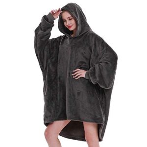 Panku Wearable Blanket Hoodie, Oversized Flannel Blanket Sweatshirt with Hood Pocket and Sleeves, Hooded Blanket for Adult Women Men, (Dark Grey)