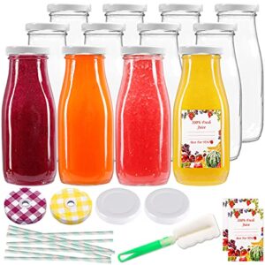 superlele 12pcs 12oz glass juice bottles, reusable glass bottles with caps and straws, glass bottles for juicing, milk, smoothie, drinking and other beverages