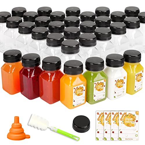 Tomnk 48pcs 4oz Plastic Juice Bottles with Black Caps Empty Reusable Clear Bottles with Label, Funnel and Brush Beverage Containers Bulk with Lids for Juicing, Smoothies, Drinking, Fridge