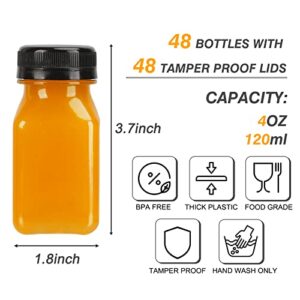 Tomnk 48pcs 4oz Plastic Juice Bottles with Black Caps Empty Reusable Clear Bottles with Label, Funnel and Brush Beverage Containers Bulk with Lids for Juicing, Smoothies, Drinking, Fridge