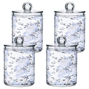 WELLDAY Apothecary Jars Bathroom Storage Organizer with Lid - 14 oz Qtip Holder Storage Canister, Light Blue Flowers Clear Plastic Jar for Cotton Swab, Cotton Ball, Floss Picks, Makeup Sponges,Hair Cl