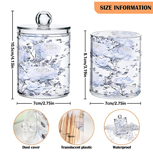 WELLDAY Apothecary Jars Bathroom Storage Organizer with Lid - 14 oz Qtip Holder Storage Canister, Light Blue Flowers Clear Plastic Jar for Cotton Swab, Cotton Ball, Floss Picks, Makeup Sponges,Hair Cl