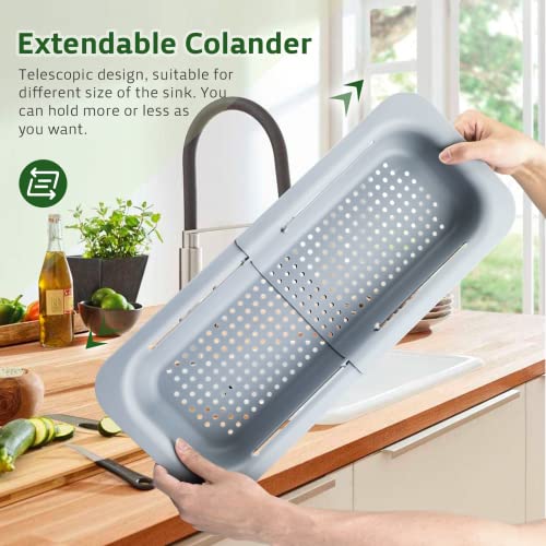 Komzon Extendable Colander Strainer Over the Sink, Retractable Kitchen Sink Basket to Wash Vegetables and Fruits, Food Strainers to Drain Pasta and Dry Dishes, Collapsible Plastic Colanders for Sink