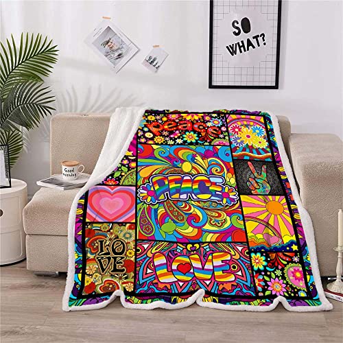 Juirnost Gift For Hippie Style Peace Love Flower Hippie Throw Blankets 70s Peace Sign Blanket Retro Hippy Stoner Groovy Blanket Hippy Gifts for Couch Bed Sofa Soft Cozy Fleece Plush Reversible Blanket