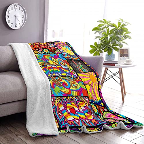 Juirnost Gift For Hippie Style Peace Love Flower Hippie Throw Blankets 70s Peace Sign Blanket Retro Hippy Stoner Groovy Blanket Hippy Gifts for Couch Bed Sofa Soft Cozy Fleece Plush Reversible Blanket