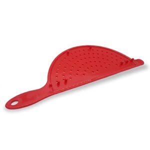 Handy Housewares Hand Held Plastic Pot Drainer, Pasta Noodle Veggie Strainer with Handle - Fits up to 9" Pot - Red