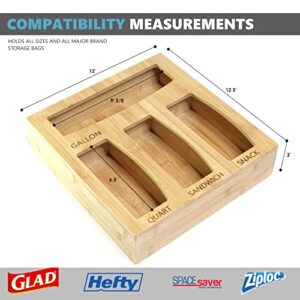 Ziploc Storage Bag Organizer, Bamboo Organizer, Food Storage Bag Organizer, Baggie Organizer Dispenser for Drawer, Kitchen Drawer Organizer. Compatible with Gallon, Quart, Snack and Sandwich Bags