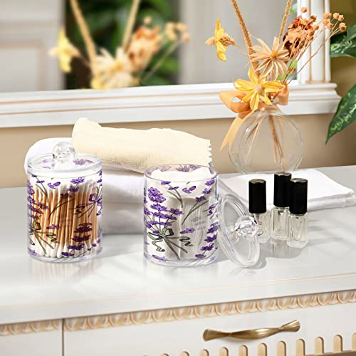 xigua Purple Flowers 2 Pack Qtip Holder Dispenser with Lid,Apothecary Jars Plastic Cotton Swabs Cans Clear Bathroom Storage Canister for Cotton Ball, Cotton Swab, Cotton Round Pads, Floss389