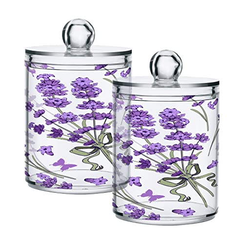 xigua Purple Flowers 2 Pack Qtip Holder Dispenser with Lid,Apothecary Jars Plastic Cotton Swabs Cans Clear Bathroom Storage Canister for Cotton Ball, Cotton Swab, Cotton Round Pads, Floss389