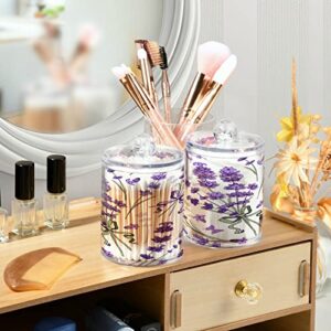 xigua Purple Flowers 2 Pack Qtip Holder Dispenser with Lid,Apothecary Jars Plastic Cotton Swabs Cans Clear Bathroom Storage Canister for Cotton Ball, Cotton Swab, Cotton Round Pads, Floss389