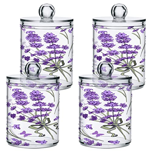 xigua Purple Flowers 2 Pack Qtip Holder Dispenser with Lid,Apothecary Jars Plastic Cotton Swabs Cans Clear Bathroom Storage Canister for Cotton Ball, Cotton Swab, Cotton Round Pads, Floss389