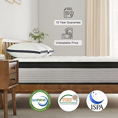 JINGWEI Queen Mattress, 10 Inch Innerspring Hybrid Mattress in a Box, Individually Pocket Coils for Motion Isolation & Cool Sleep, Queen Bed for Back Pain, Medium Firm, 60X80X10 INCH