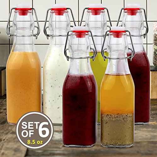 Estilo Swing Top Easy Cap Clear Glass Bottles, Round, 8.5 oz, Set of 6. Standard Size, Flip Top Bottles to store home brews, oils, vinaigrettes, wines, beer, teas