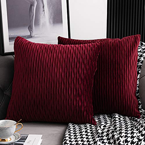 DEZENE Wine Red Throw Pillow Covers: 2 Pack 18x18 Inch Original Striped Velvet Square Decorative Pillow Cases for Farmhouse Couch