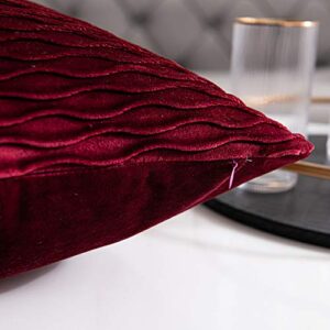 DEZENE Wine Red Throw Pillow Covers: 2 Pack 18x18 Inch Original Striped Velvet Square Decorative Pillow Cases for Farmhouse Couch