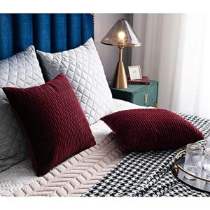 DEZENE Wine Red Throw Pillow Covers: 2 Pack 18x18 Inch Original Striped Velvet Square Decorative Pillow Cases for Farmhouse Couch