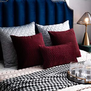 DEZENE Wine Red Throw Pillow Covers: 2 Pack 18x18 Inch Original Striped Velvet Square Decorative Pillow Cases for Farmhouse Couch