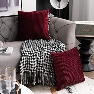 DEZENE Wine Red Throw Pillow Covers: 2 Pack 18x18 Inch Original Striped Velvet Square Decorative Pillow Cases for Farmhouse Couch