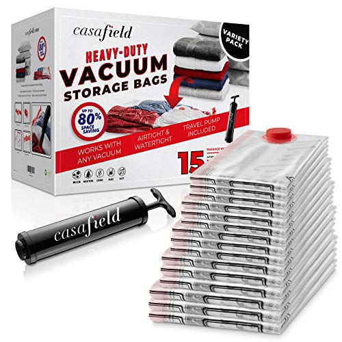 Casafield 15 Vacuum Storage Bags - Variety Pack (3 SM, 3 MD, 3 LG, 3 XL, 3 Jumbo) with Travel Hand Pump - Space Saving Compression Bags for Clothes, Blankets, Comforters