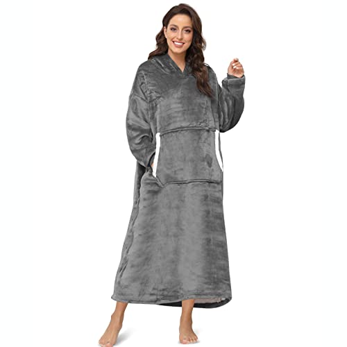 Sendowtek Wearable Blanket for Women Men Long Sherpa Hoodie with Giant Pocket Cosy OneSize Hoodie Blanket Fit for Adult Teens (Grey)