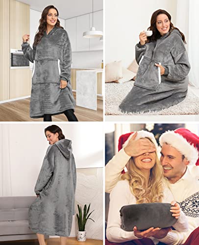 Sendowtek Wearable Blanket for Women Men Long Sherpa Hoodie with Giant Pocket Cosy OneSize Hoodie Blanket Fit for Adult Teens (Grey)