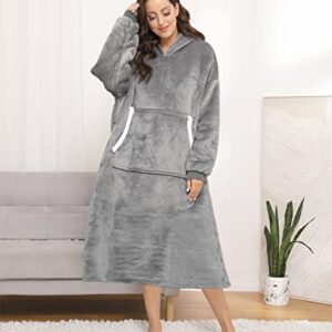 Sendowtek Wearable Blanket for Women Men Long Sherpa Hoodie with Giant Pocket Cosy OneSize Hoodie Blanket Fit for Adult Teens (Grey)