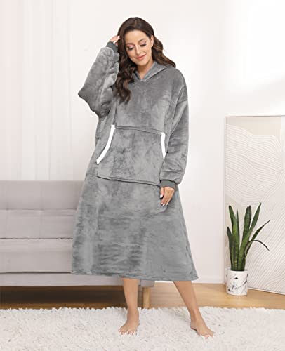 Sendowtek Wearable Blanket for Women Men Long Sherpa Hoodie with Giant Pocket Cosy OneSize Hoodie Blanket Fit for Adult Teens (Grey)