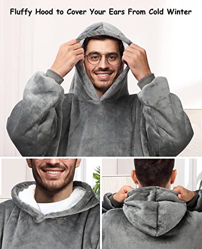 Sendowtek Wearable Blanket for Women Men Long Sherpa Hoodie with Giant Pocket Cosy OneSize Hoodie Blanket Fit for Adult Teens (Grey)