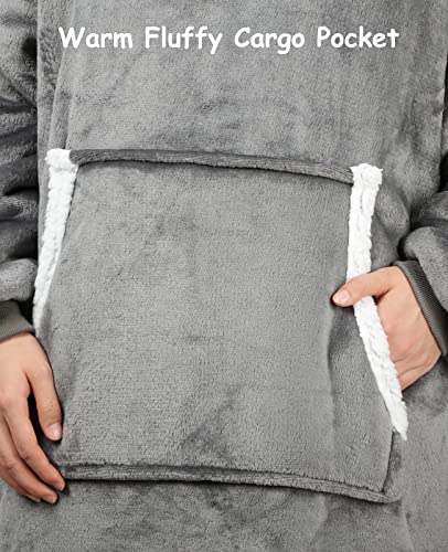 Sendowtek Wearable Blanket for Women Men Long Sherpa Hoodie with Giant Pocket Cosy OneSize Hoodie Blanket Fit for Adult Teens (Grey)