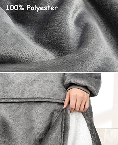 Sendowtek Wearable Blanket for Women Men Long Sherpa Hoodie with Giant Pocket Cosy OneSize Hoodie Blanket Fit for Adult Teens (Grey)