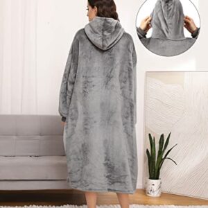 Sendowtek Wearable Blanket for Women Men Long Sherpa Hoodie with Giant Pocket Cosy OneSize Hoodie Blanket Fit for Adult Teens (Grey)